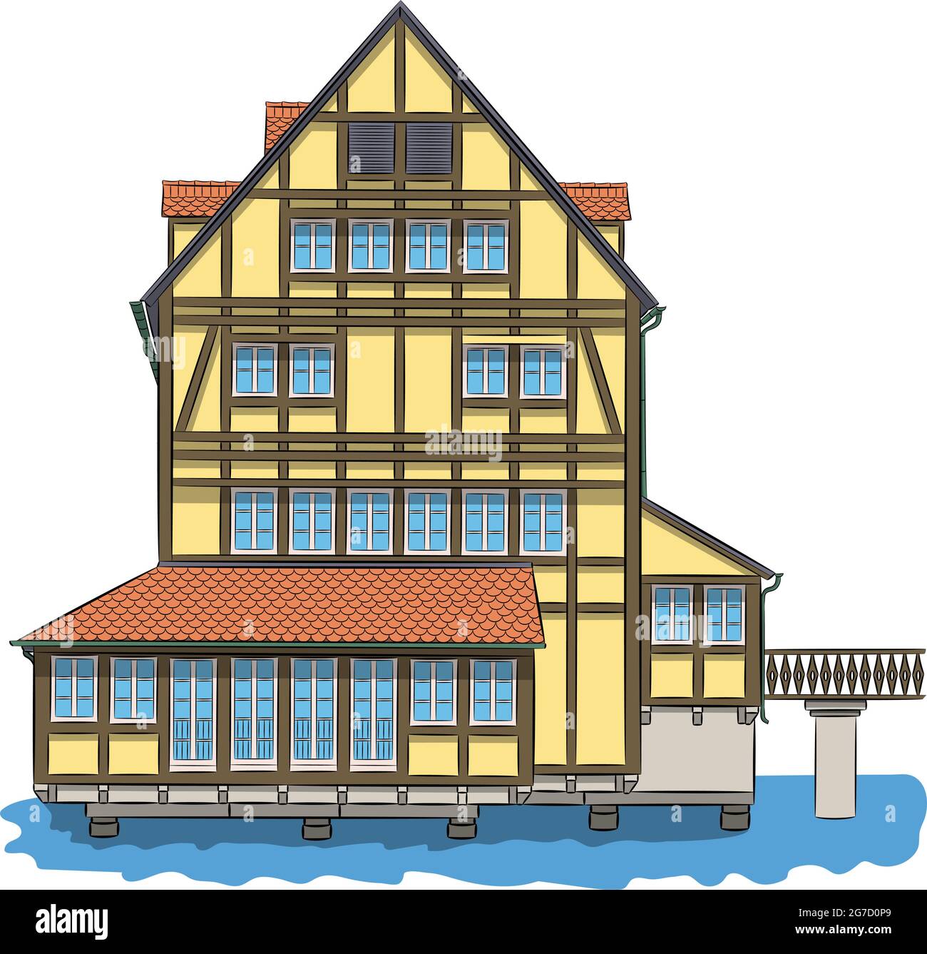 Yellow medieval half-timbered house over a canal in Bamberg. Vector ...