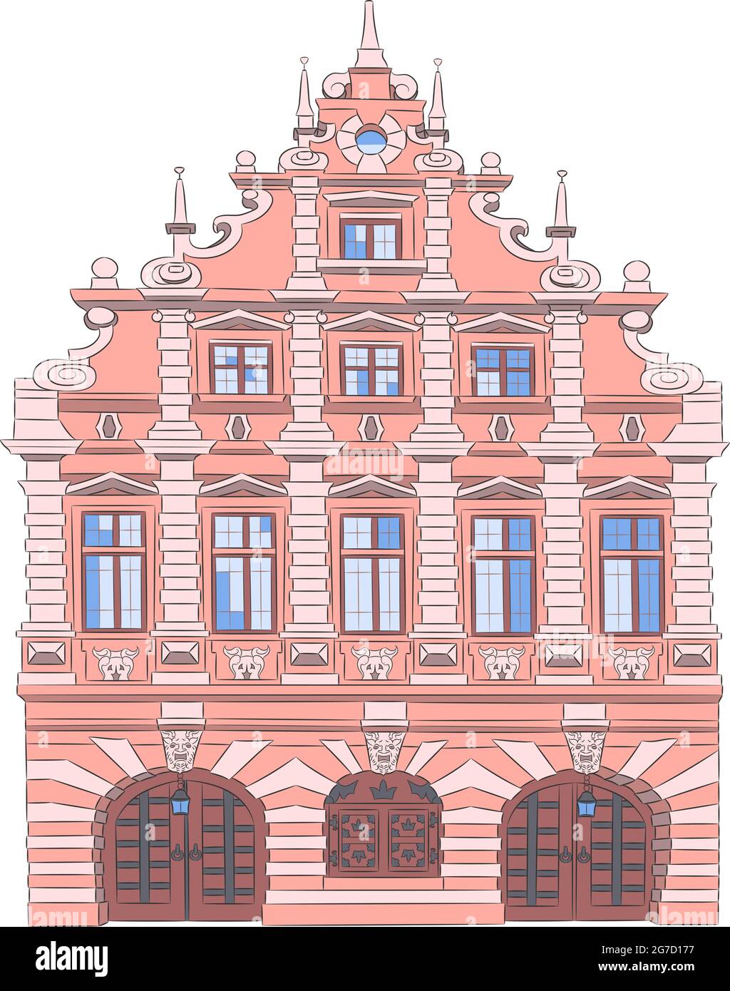 An old medieval pink house with columns and solid wooden doors ...