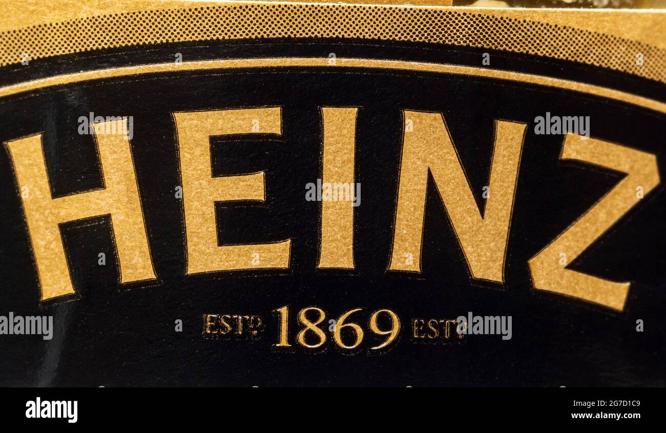 Tyumen, Russia-May 25, 2021: Close-up of the Heinz logo on a mustard ...