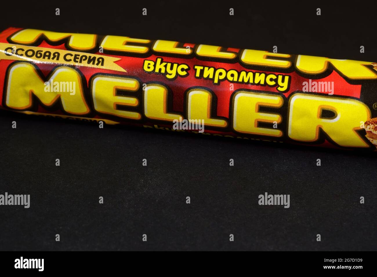 Tyumen, Russia-May 25, 2021: Caramel chocolate chews Meller made by ...