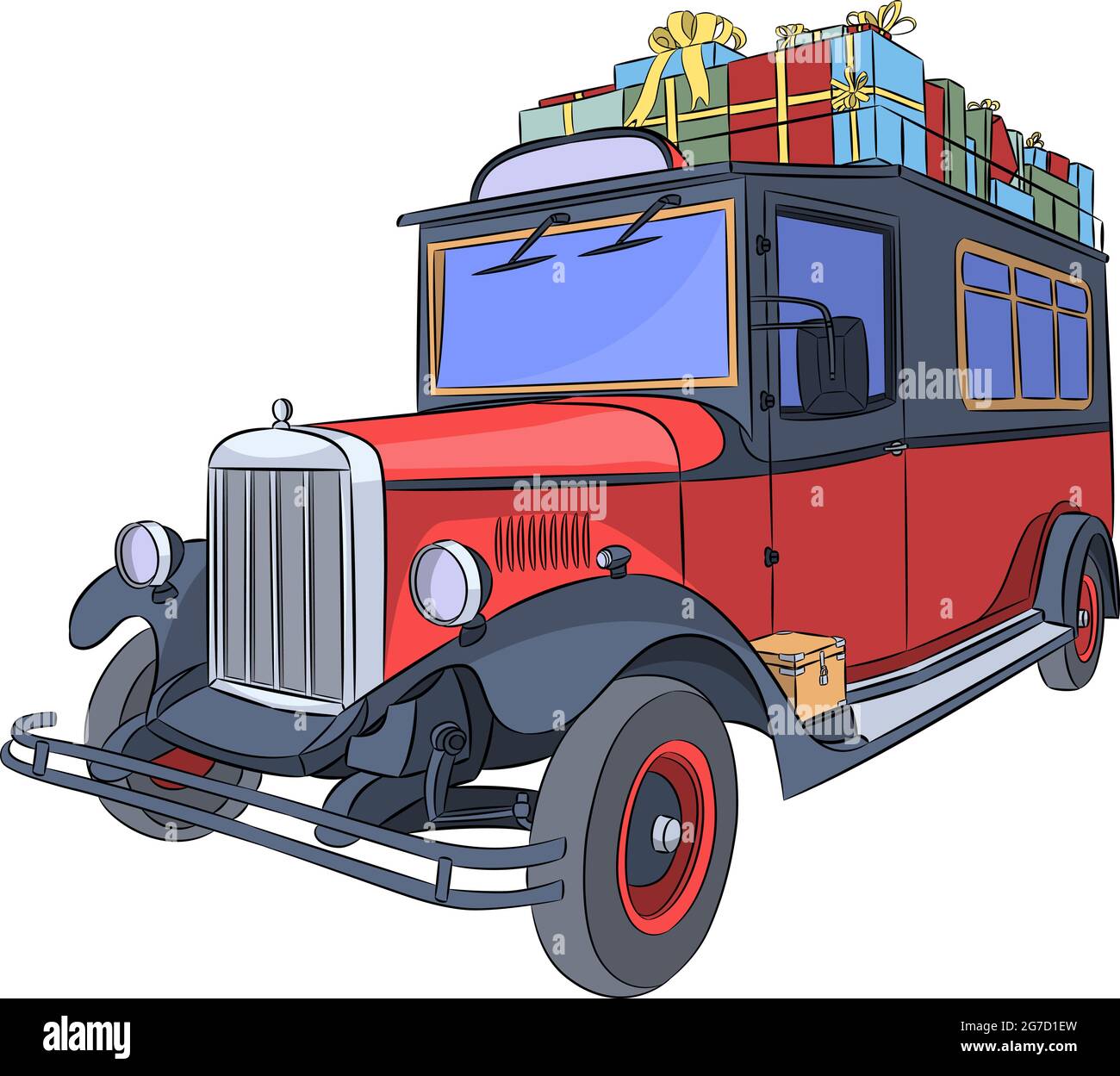 Christmas bus. Red car with gifts on the roof. Vector illustration ...