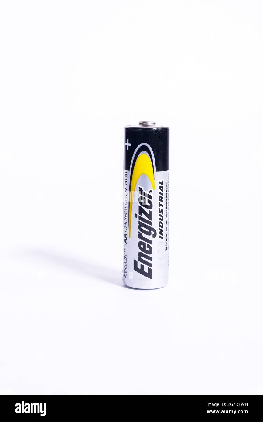 Tyumen, Russia-May 25, 2021: Energizer AA batteries on white background ...