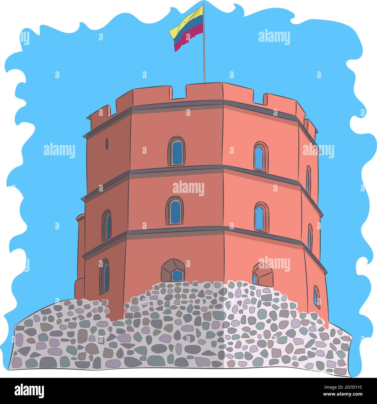 Red stone tower on the Gediminas hill. Vilnius. Lithuania. Vector ...