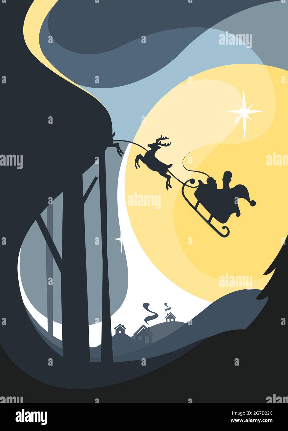 Santa flying in sleigh with reindeers in night sky. Christmas placard ...