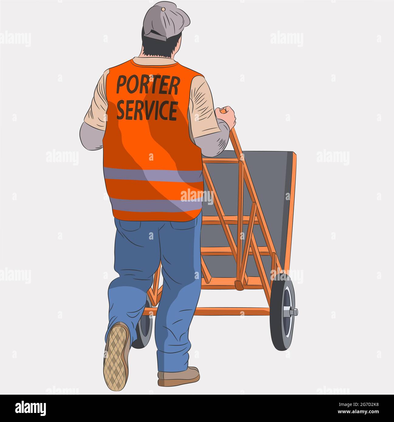 A man loader in a red vest and a cap with a trolley in his hands ...