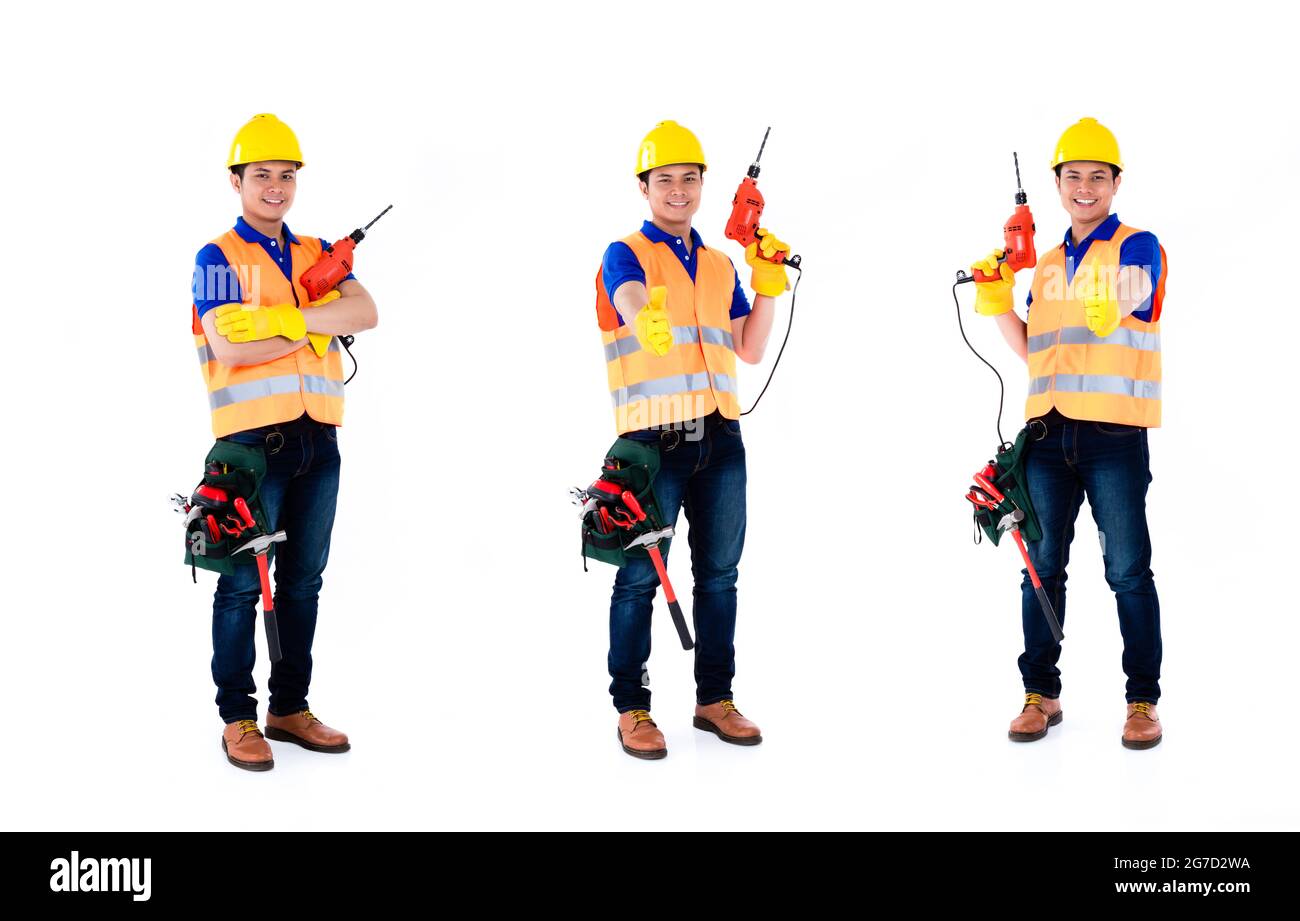 Asian construction worker, compositing of three scenes, isolated on ...