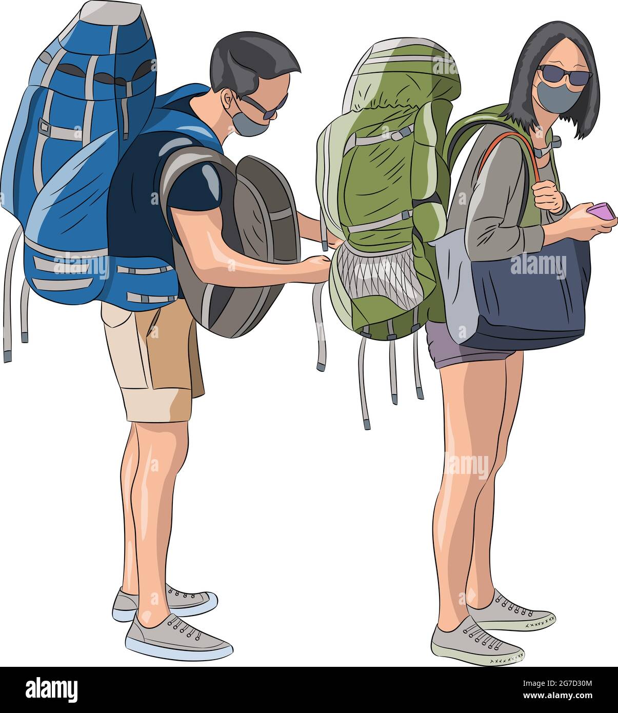 Tourists man and woman with large backpacks and masks on their faces isolated on white ...