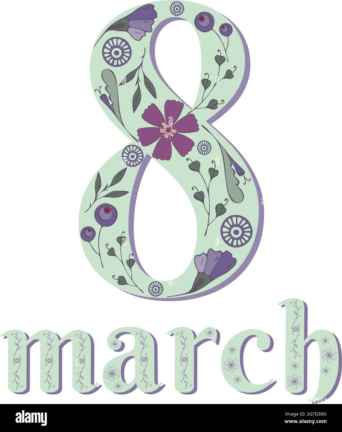 Postcard inscription March 8, painted in the style of doodling. Vector ...
