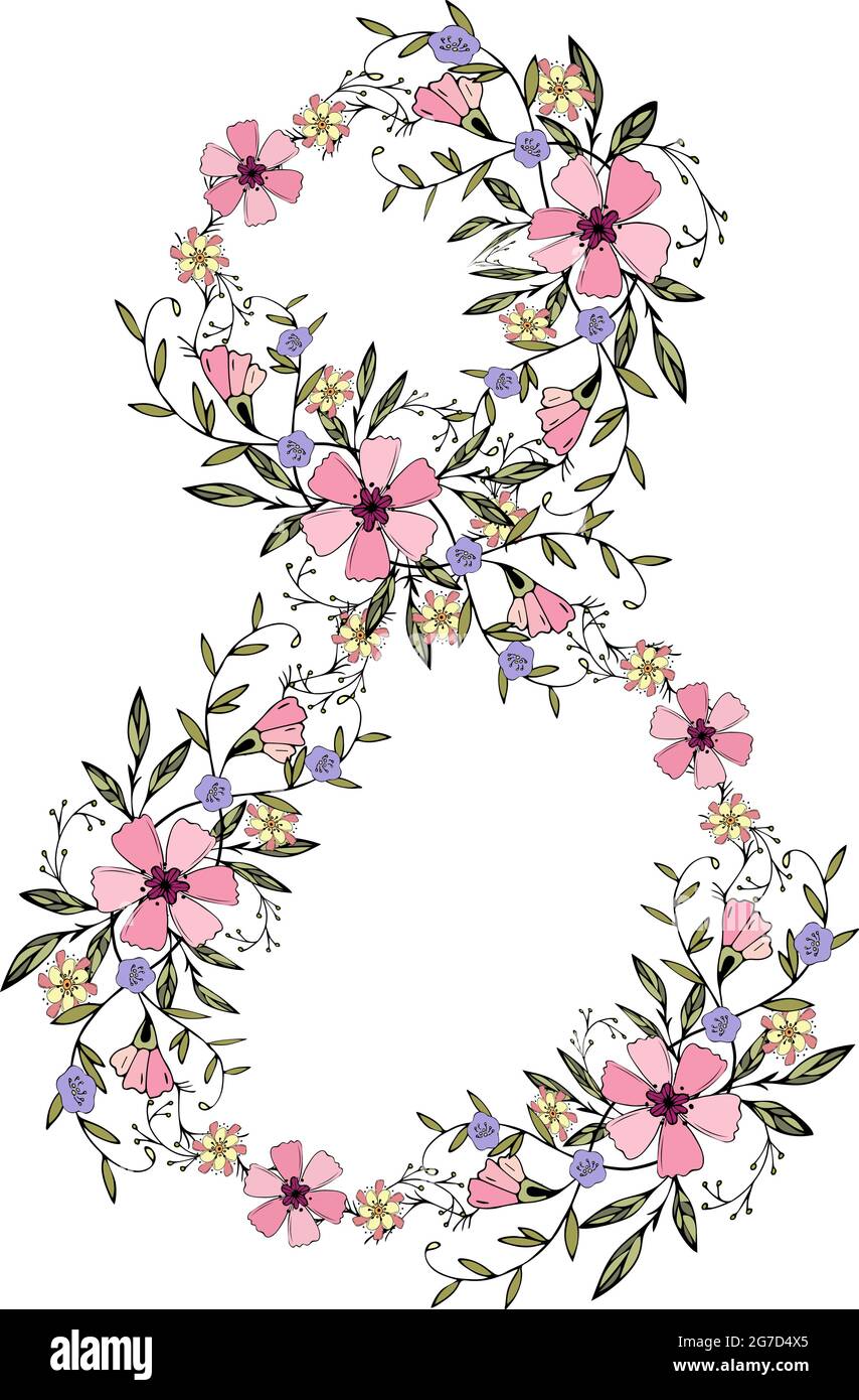 Number 8 on women day in March by an author brush from doodling flowers ...