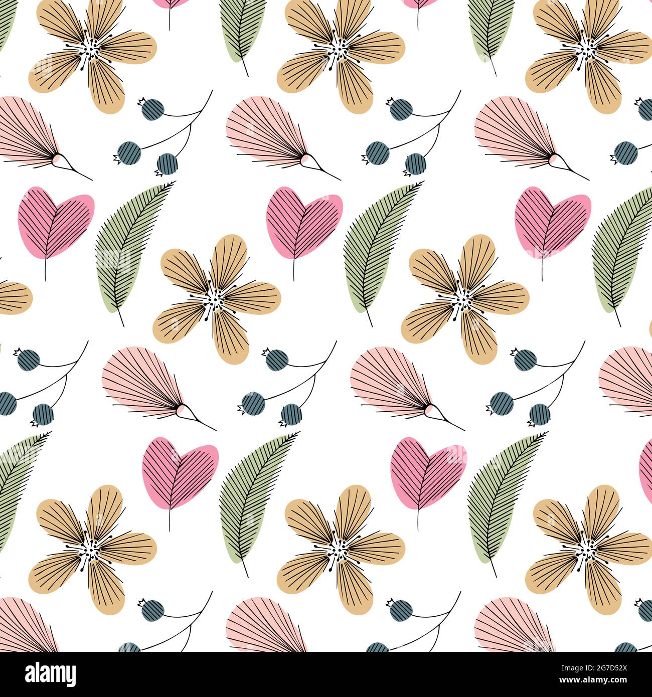 Pattern of botanical doodling style, hand drawing, with color spots ...