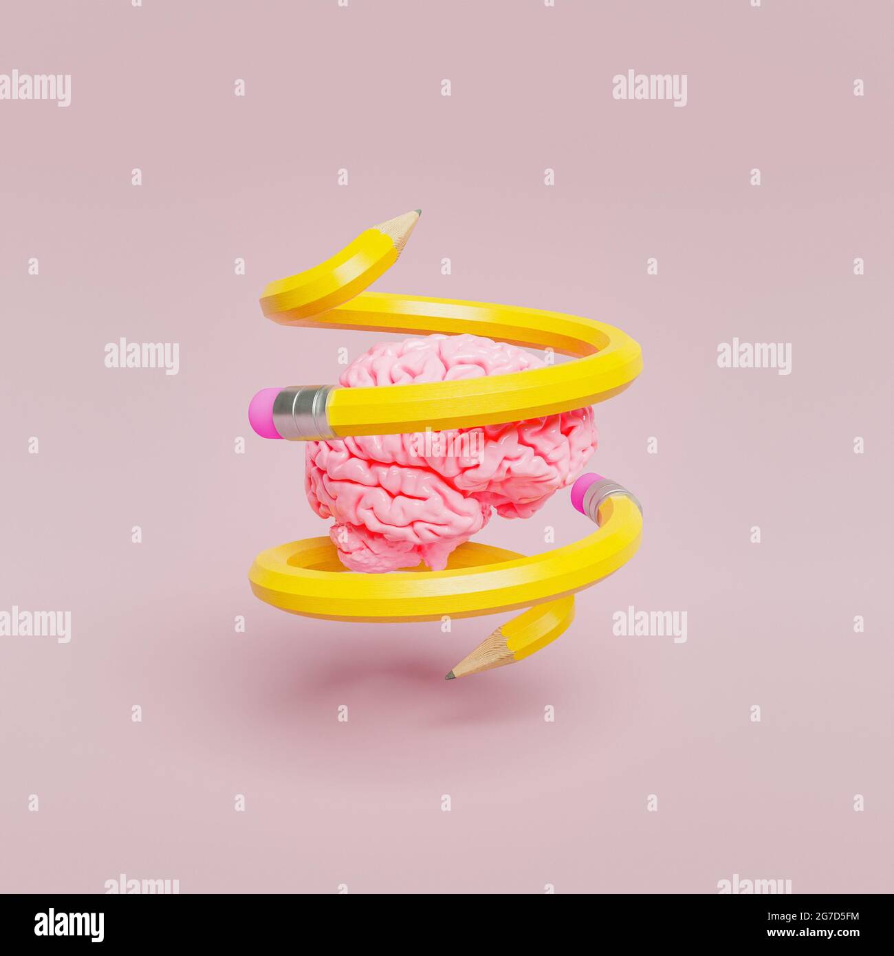 brain surrounded by spiral pencils on pastel background. concept of ...