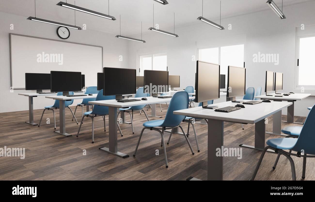 side view of a modern classroom with computers and luminous windows in ...