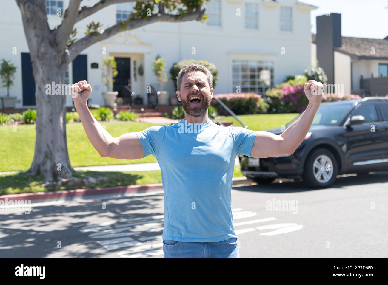 happy bearded man celebrate success. mature guy express happiness Stock ...