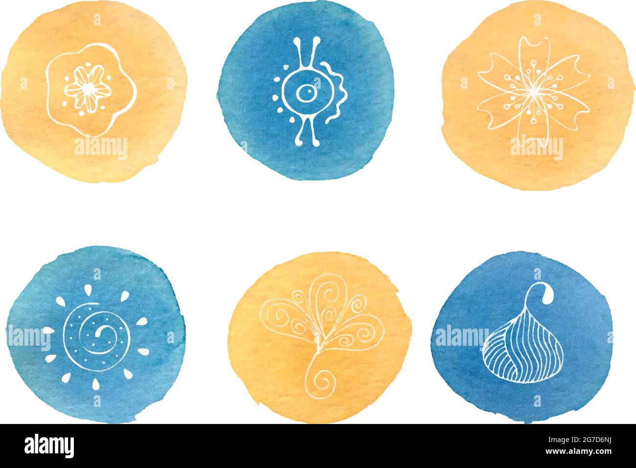 Vector set of watercolor blue beige stains, with doodling hand drawings ...