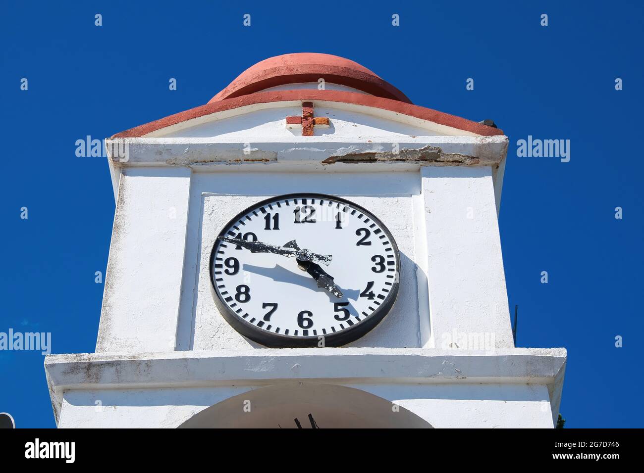 The church of Agios Nikolaos with the famous clock. Skiathos island ...