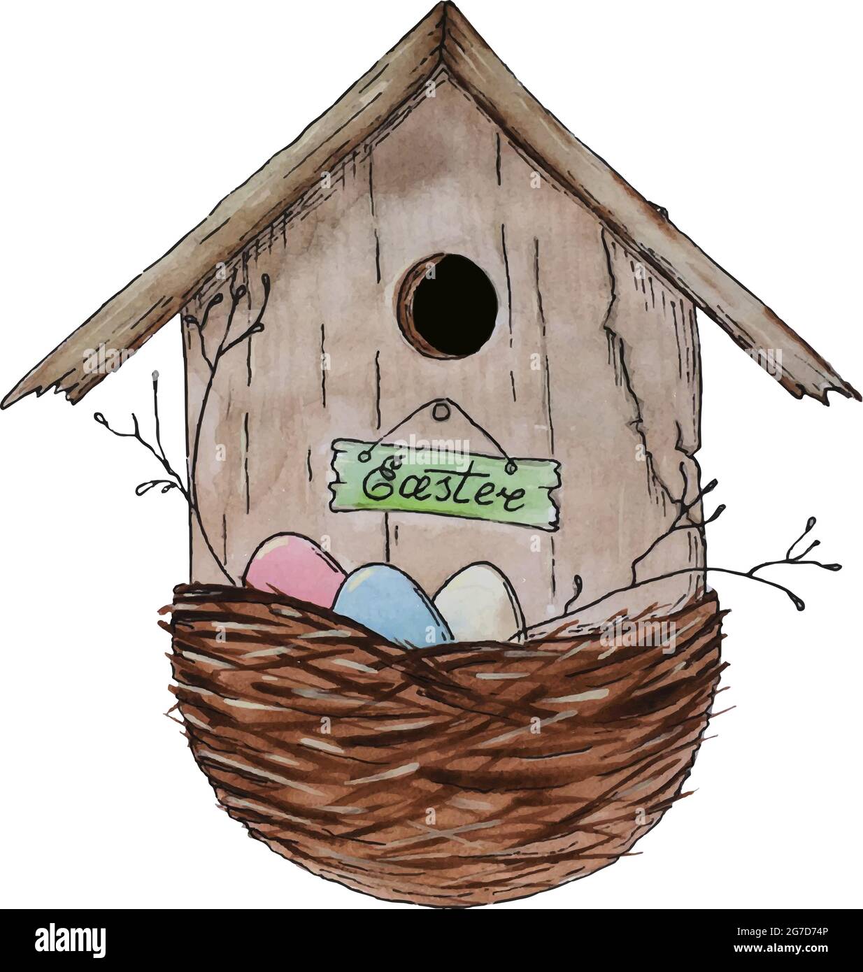 Birdhouse sketch in watercolor with contour, nest with eggs, Happy ...