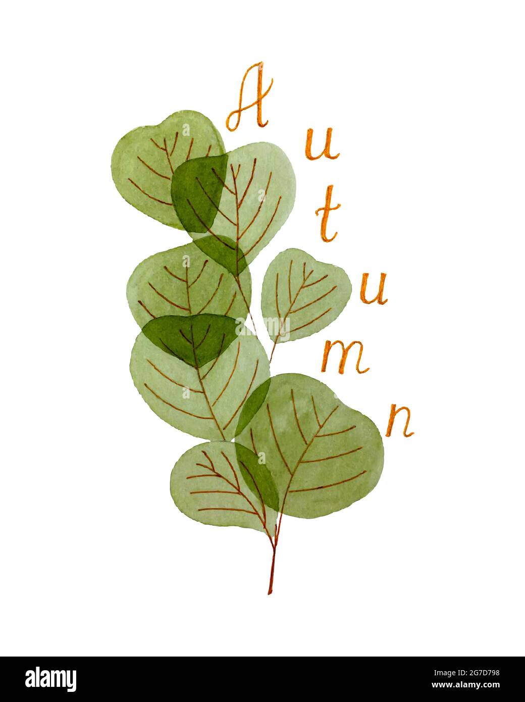 Autumn watercolor branch with leaves, inscription AUTUMN, hand drawing ...