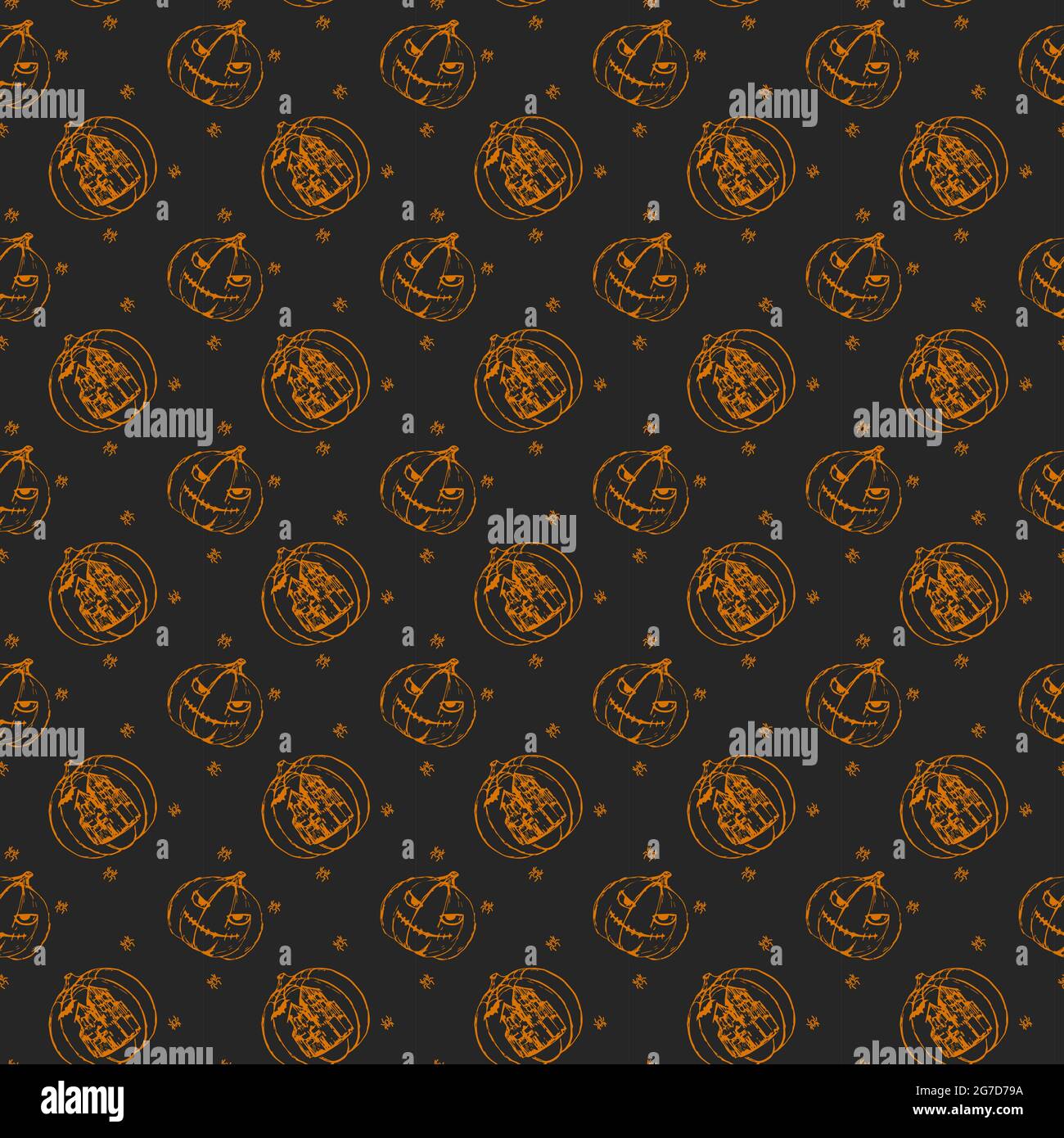 Halloween pattern with pumpkins, spiders, on a dark background, hand ...