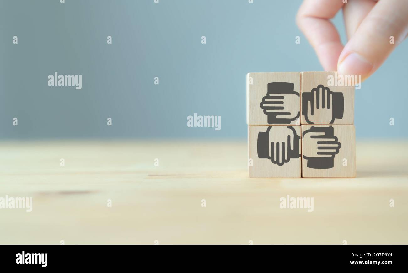 Hand pick up wooden cube screening teamwork vector icon standing on the ...