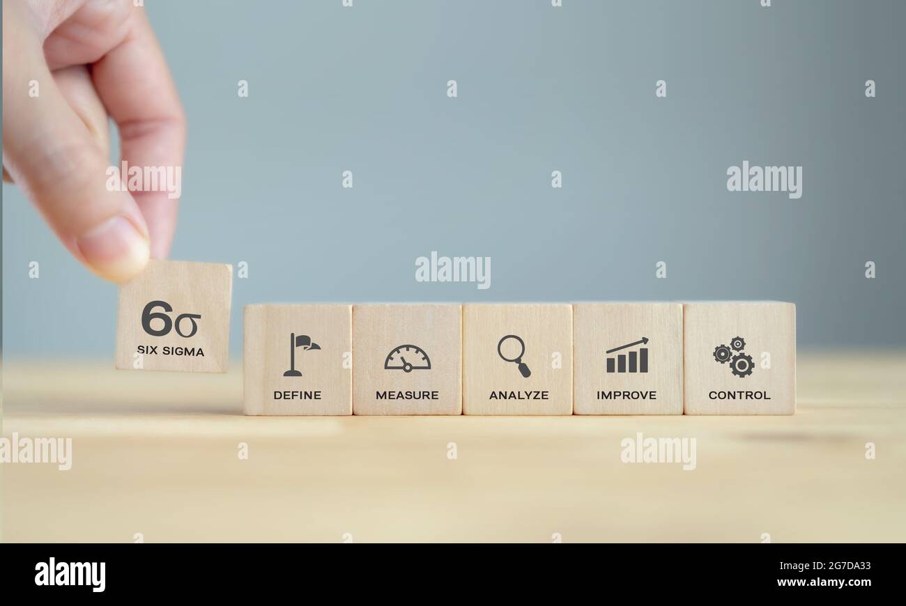 Hand pick up Six sigma icon on wooden cubes standing on wood table with ...