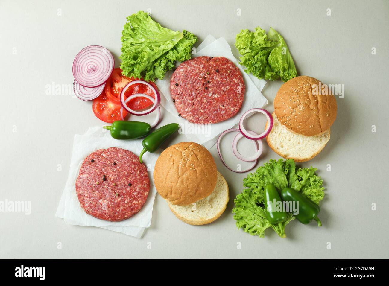 Concept of cooking burger with burger ingredients Stock Photo - Alamy