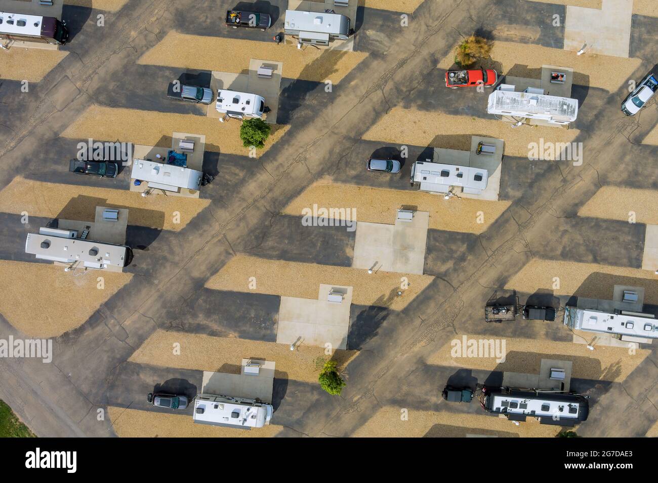 Aerial view of travel RV clubhouse with camping RV trailer on resort ...