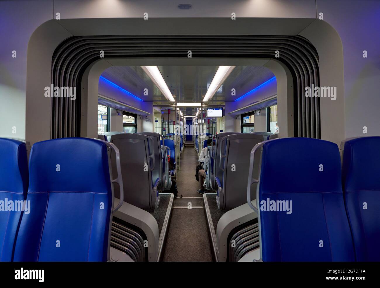Interior of a modern equipped train on the rails in the daylight Stock ...