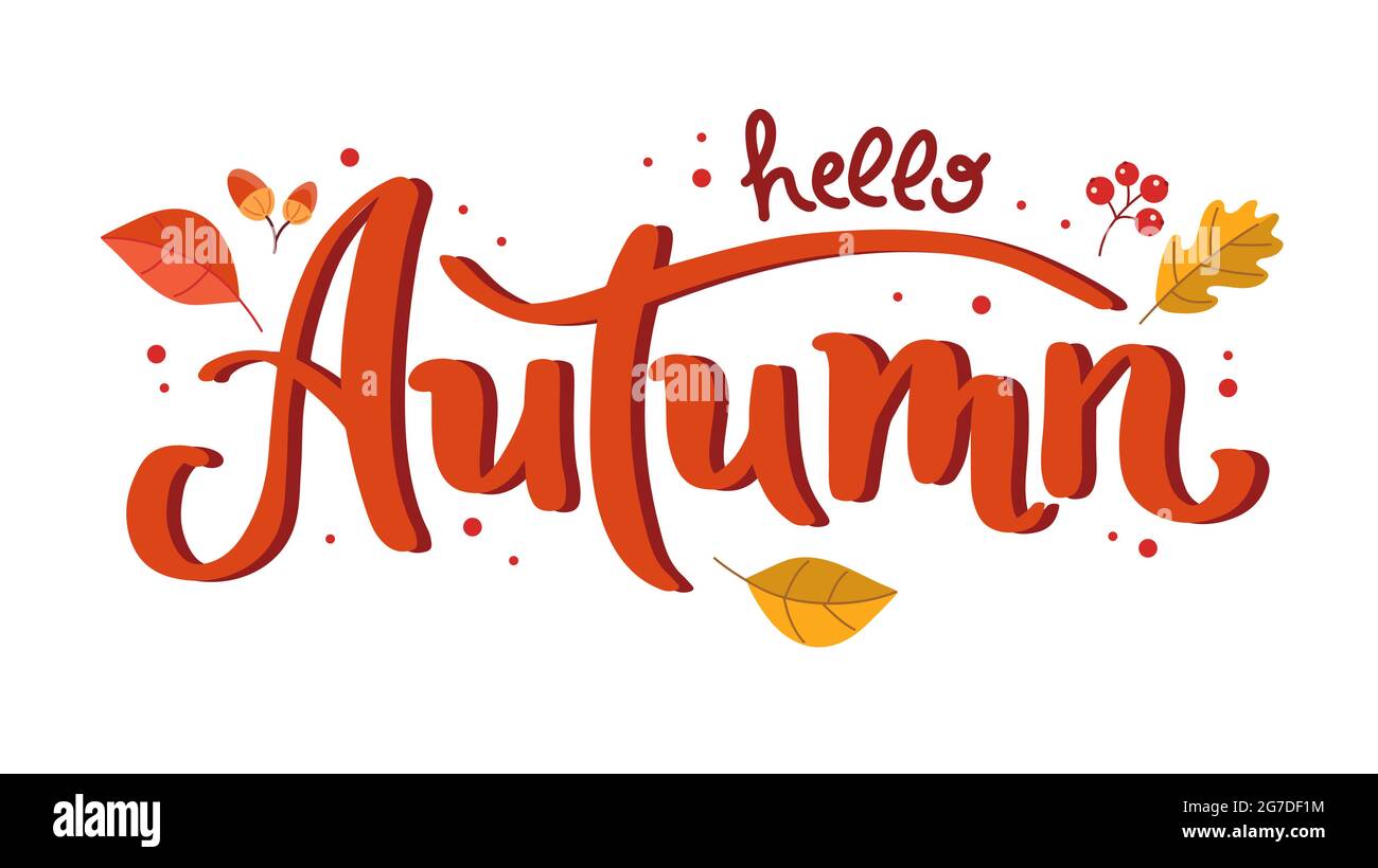 Autumn lettering with leaves. Handwritten brush calligraphy. Vector ...