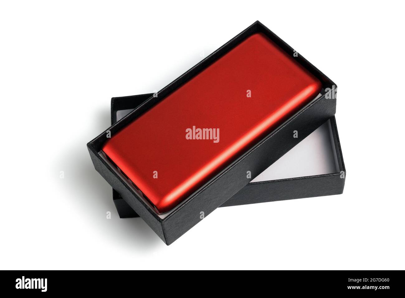 Red Power Bank in Black Paper Box on White Background Stock Photo - Alamy