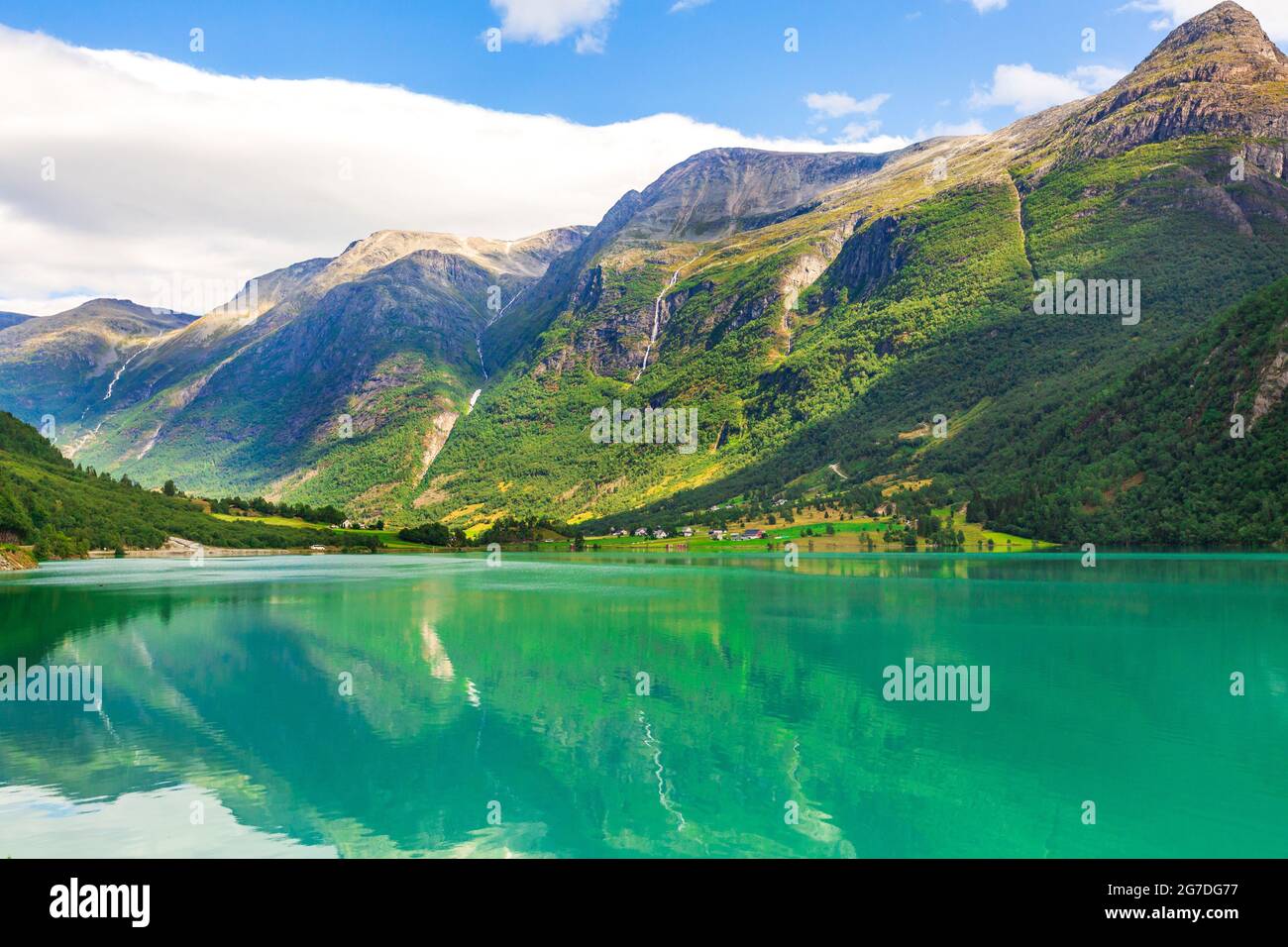 Norwegian landscape with Nordfjord fjord, mountains, and waterfalls in ...