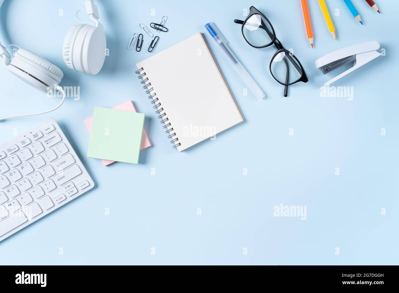 Online learning design concept. Top view of student table with computer ...