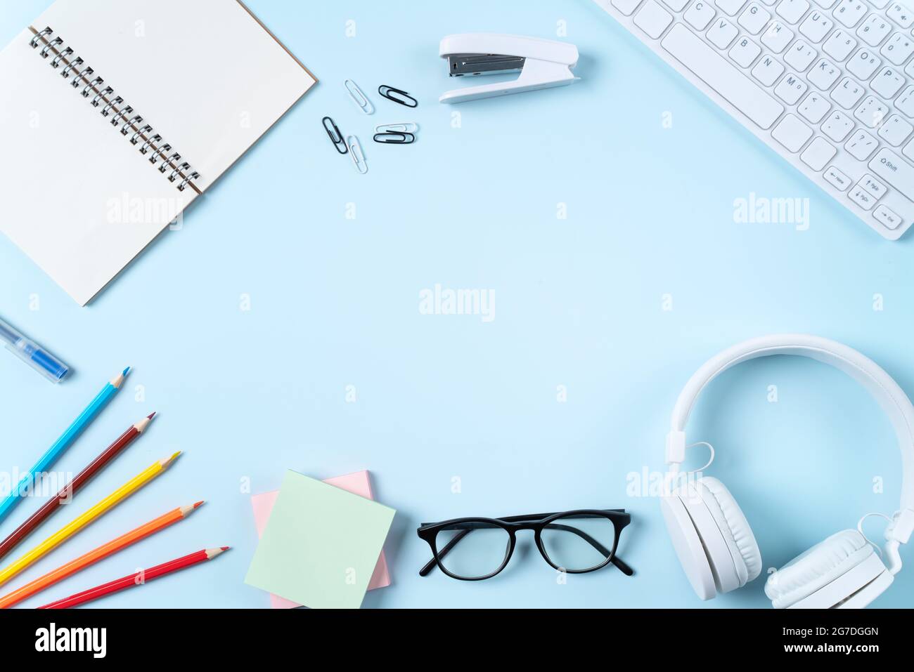 Online learning design concept. Top view of student table with computer ...