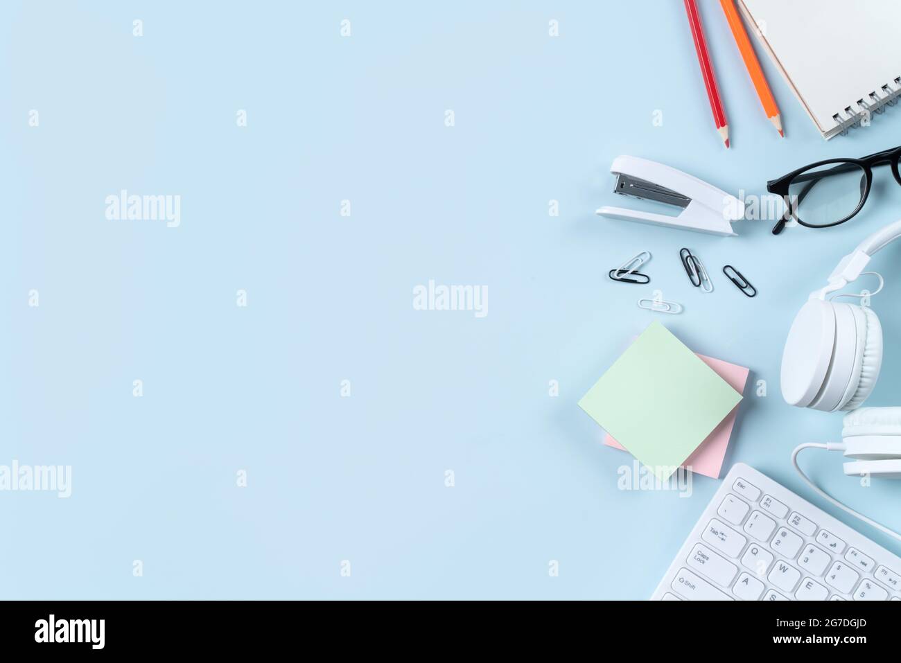 Online learning design concept. Top view of student table with computer ...