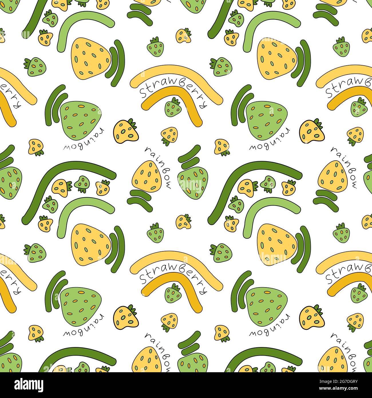 Kids bright funny doodle style green and yellow pattern with strawberry ...