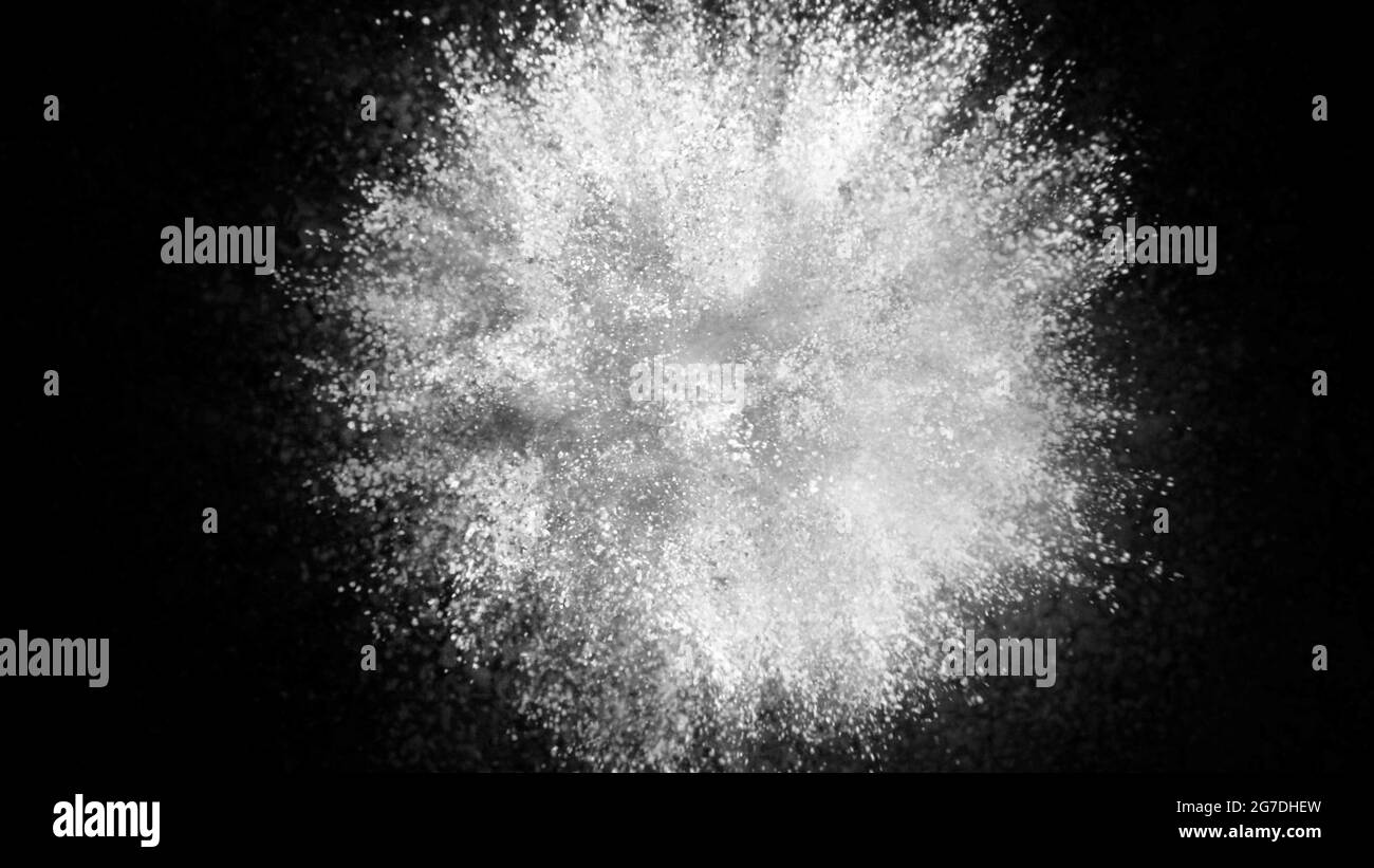 3D rendering of colorful explosion of white particles on a black ...