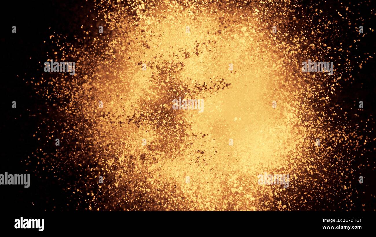 3D rendering of colorful explosion of golden yellow particles on a ...