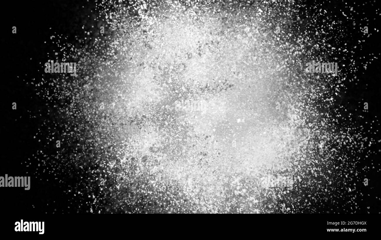 3D rendering of colorful explosion of white particles on a black ...
