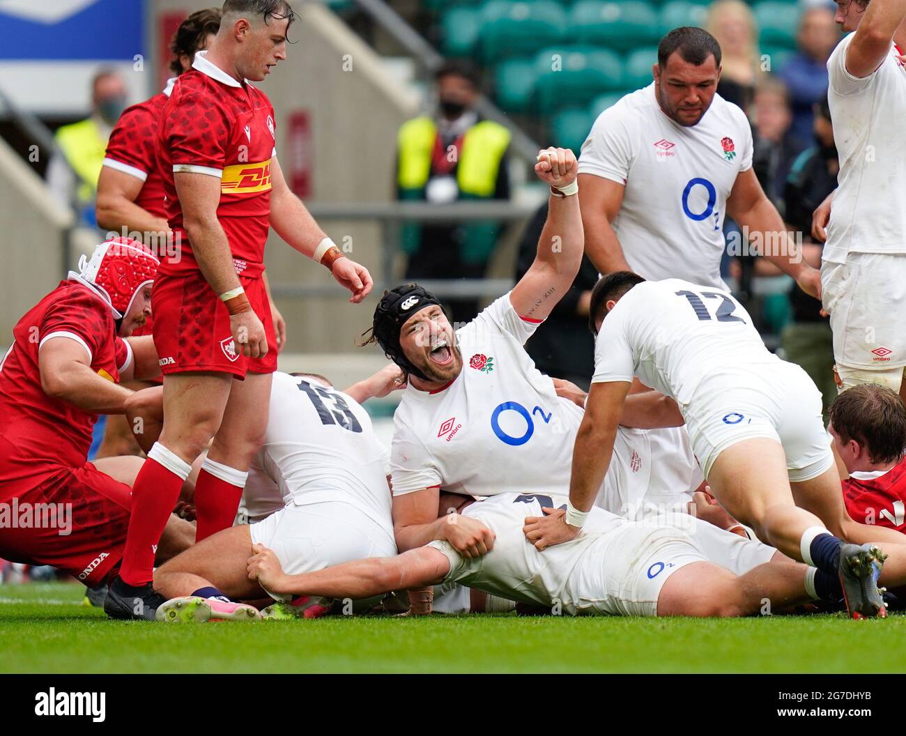 England lock Harry Wells celebrates another England try during the ...