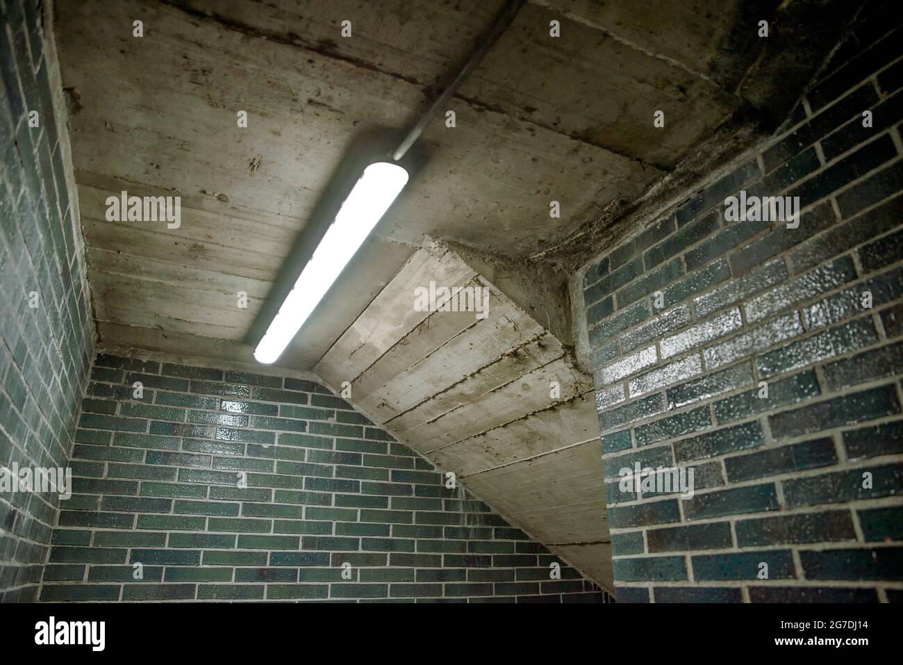 Closeup of a tunnel interior with brick walls and led lights Stock ...