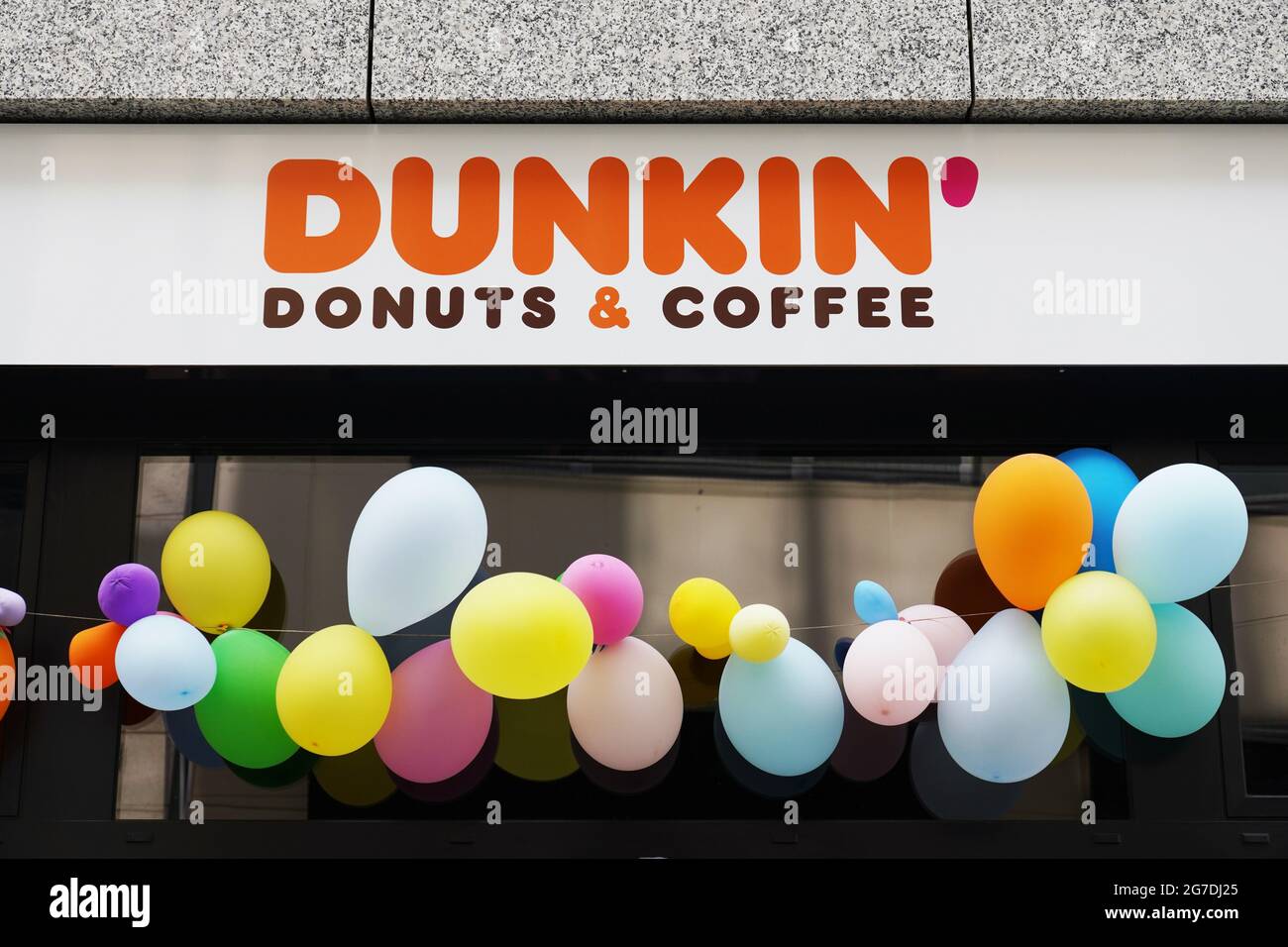 HANNOVER, GERMANY - Jul 01, 2021: The opening of a new Dunkin Donuts ...