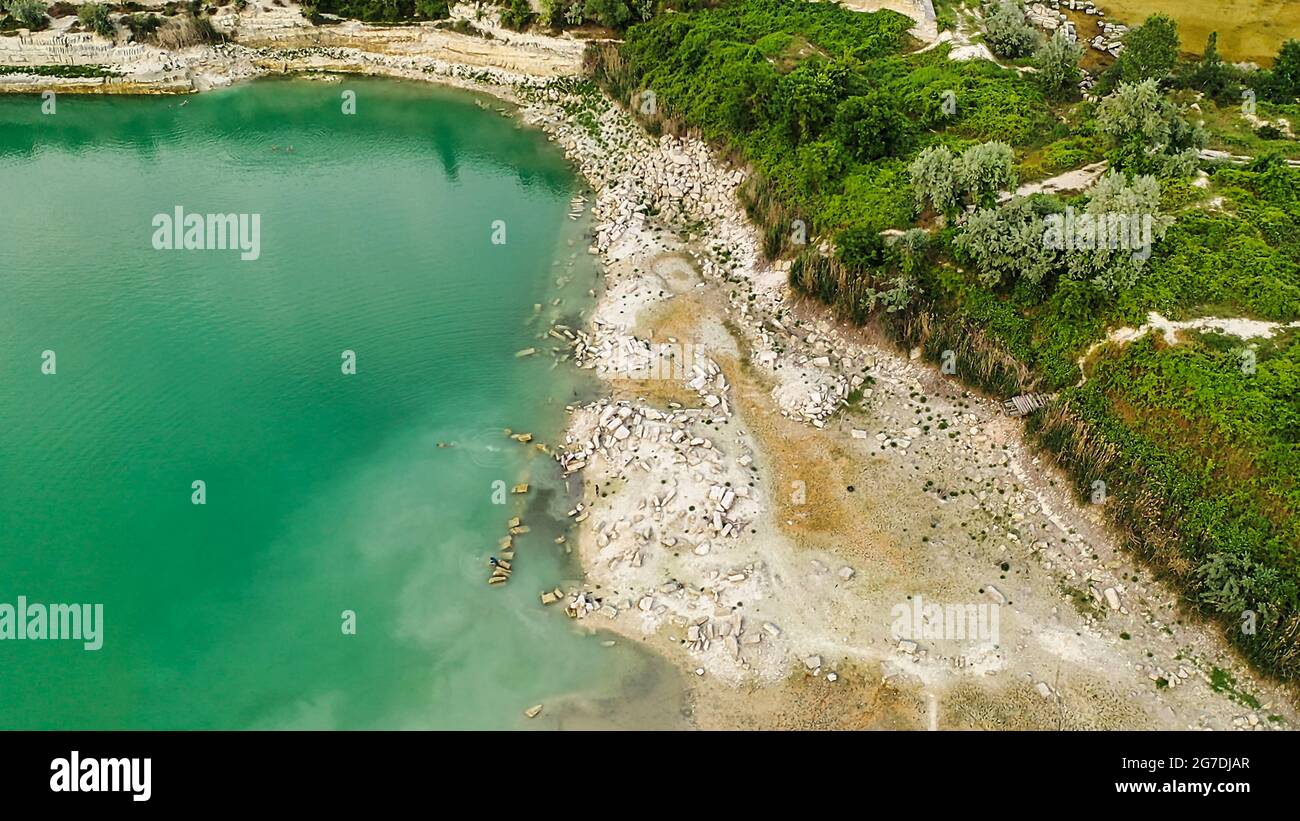 Aerial view of the St. Klimentovsky limestone lake. Inkerman, Crimea ...