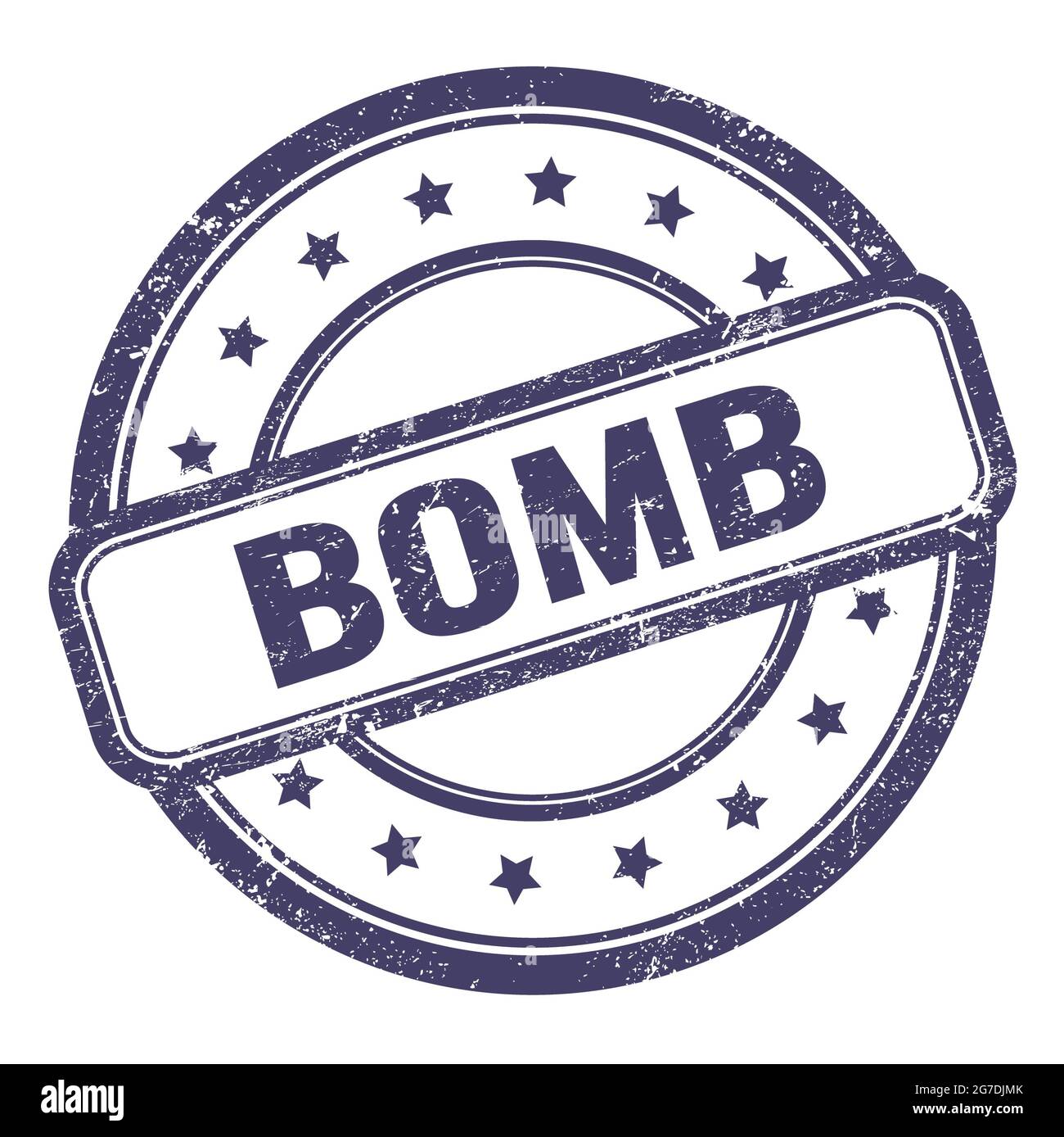 BOMB text on indigo blue grungy vintage round rubber stamp Stock Photo ...
