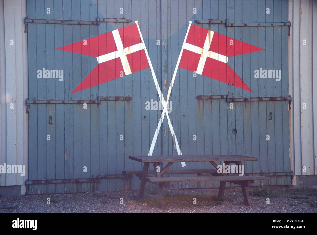 Danish Flags painted on old shed door Stock Photo - Alamy