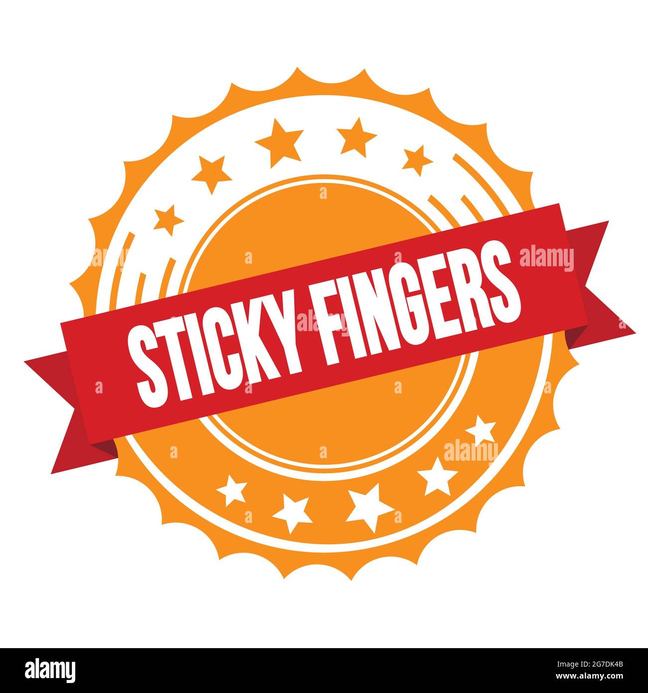 STICKY FINGERS text on red orange ribbon badge stamp Stock Photo - Alamy