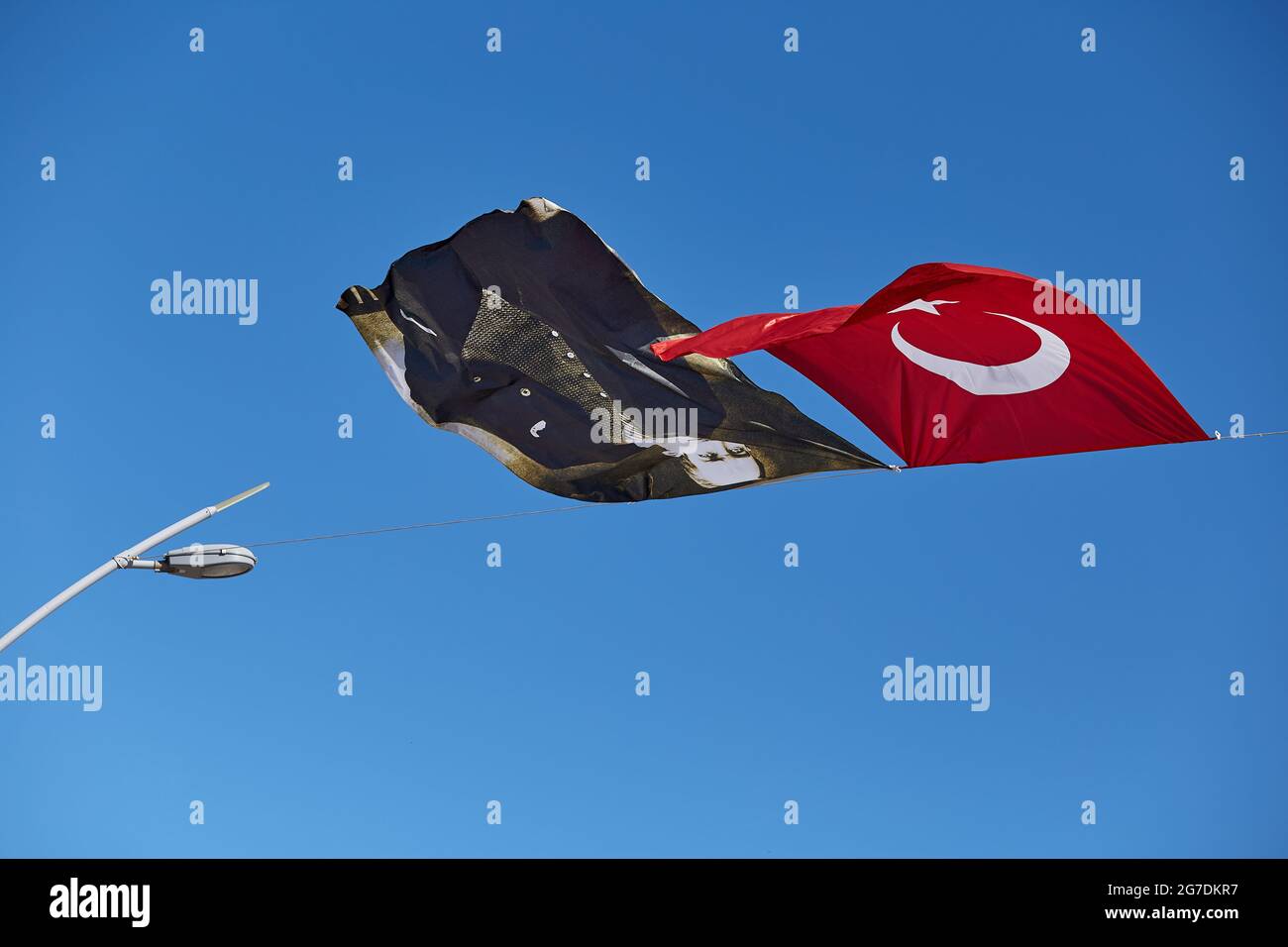 National day in Turkey. Turkish flag and flag president flag on blue ...