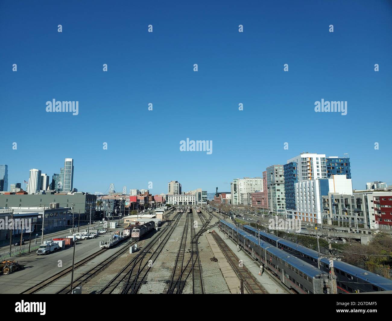 Aerial view of streetcars and railway tracks in the SoMa neighborhood ...