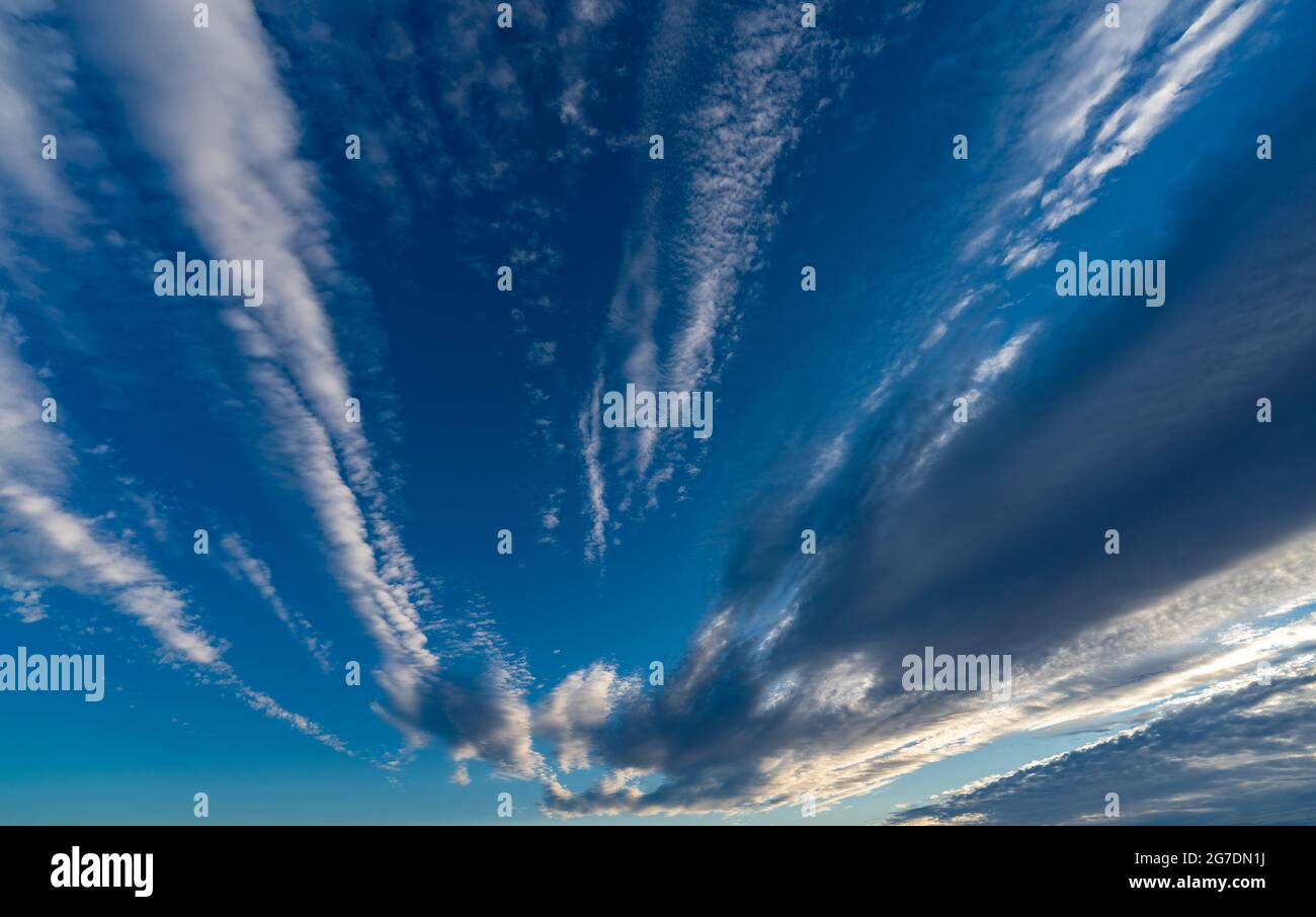 Cloudy sky background with deep blue sky, wide angle view Stock Photo ...