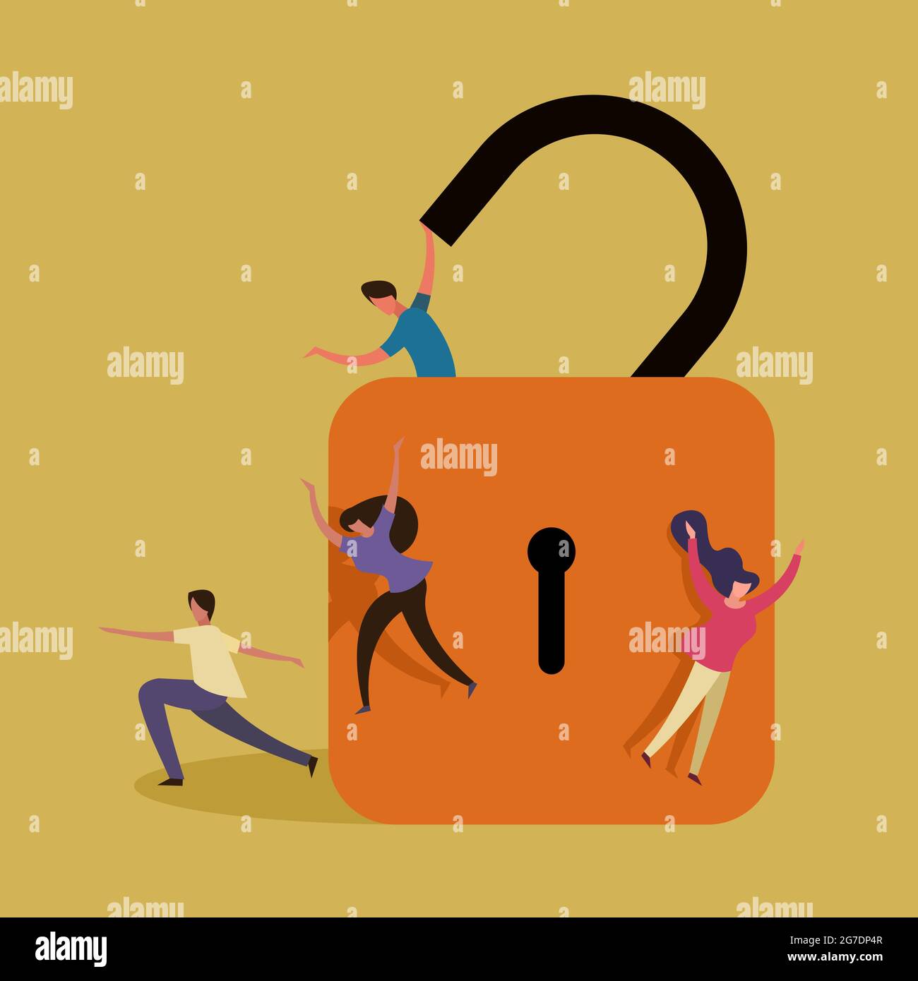 Illustration of young people opening a lock jumping out of it Stock ...