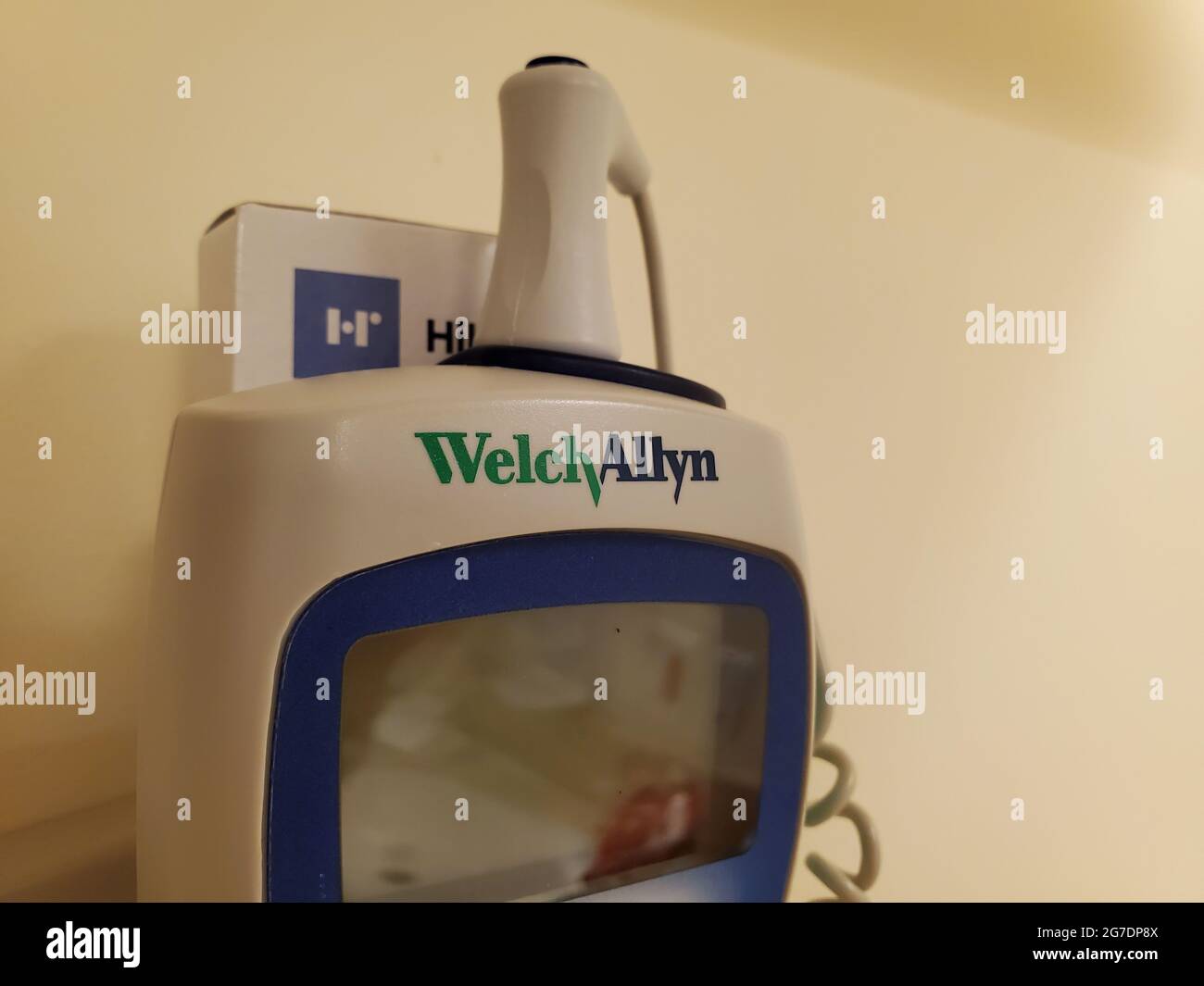 Close-up of a 'Welch Allyn' logo near the top of a blood pressure ...