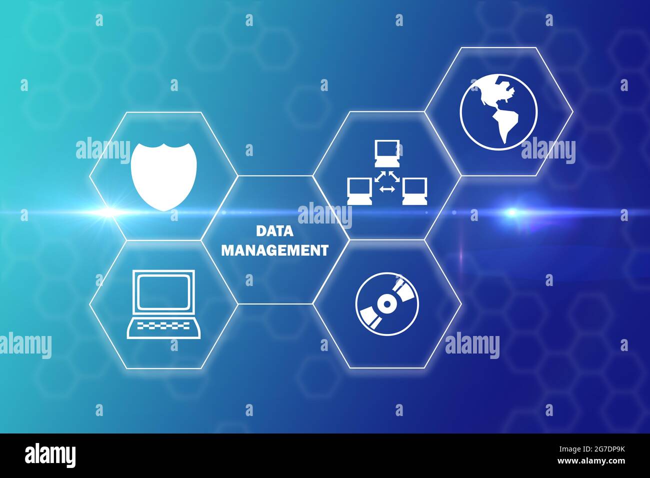 Illustration of data management pentagon network on a blue background ...